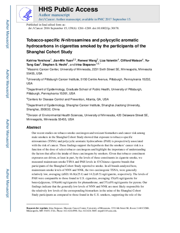 (PDF) Tobacco-specific N -nitrosamines and polycyclic aromatic ...