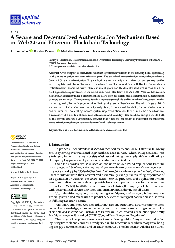 (PDF) A Secure and Decentralized Authentication Mechanism Based on Web 3.0 and Ethereum ...