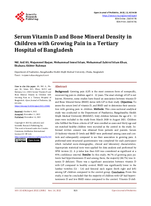 (PDF) Serum Vitamin D and Bone Mineral Density in Children with Growing ...