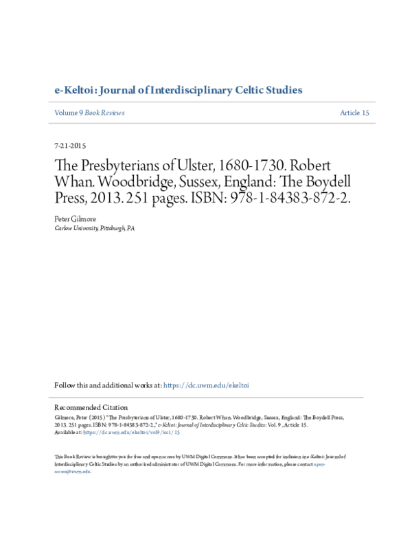 (PDF) The Presbyterians of Ulster, 1680-1730. Robert Whan. Woodbridge ...