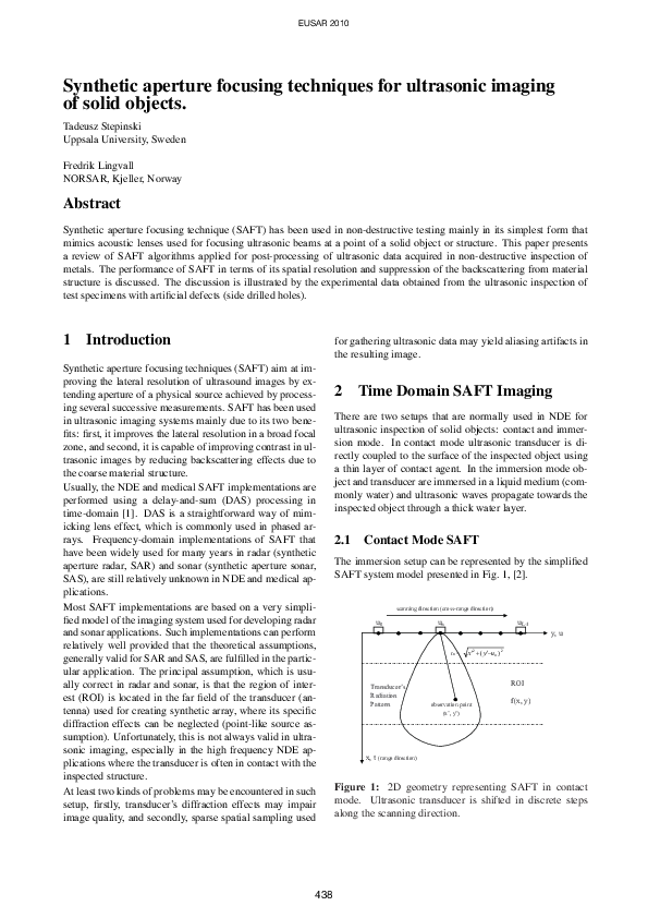 (PDF) Synthetic aperture focusing techniques for ultrasonic imaging of ...
