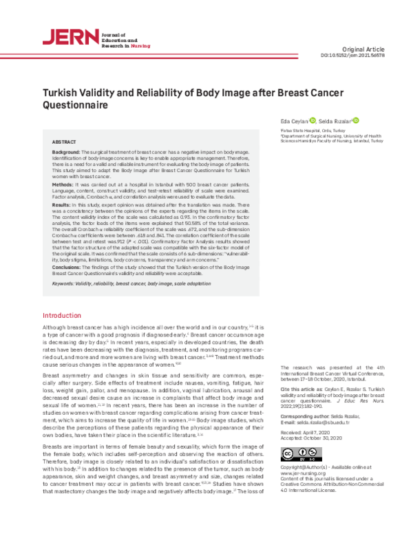 (PDF) Turkish Validity and Reliability of Body Image After Breast Cancer Questionnaire
