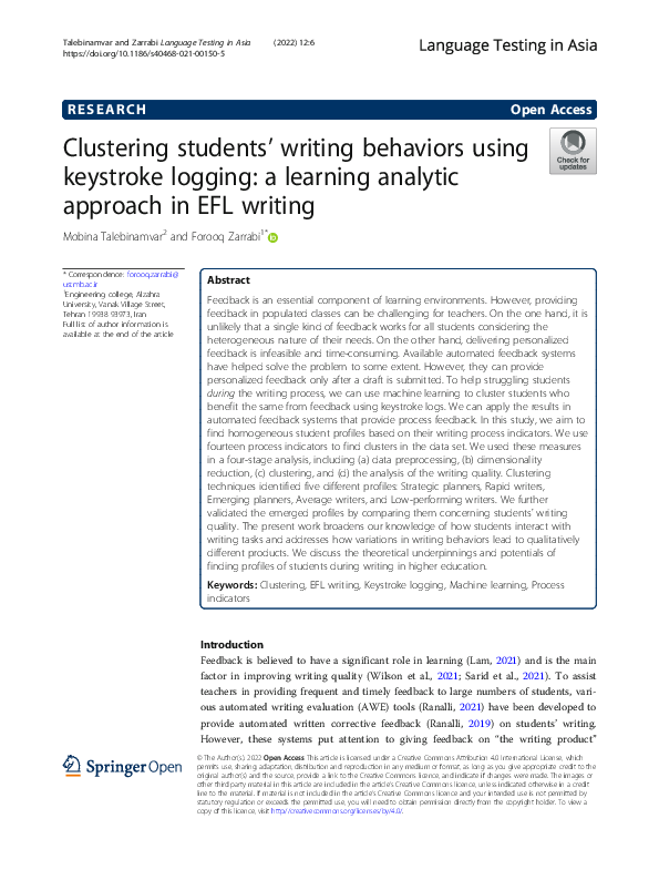 (PDF) Clustering students’ writing behaviors using keystroke logging: a learning analytic ...