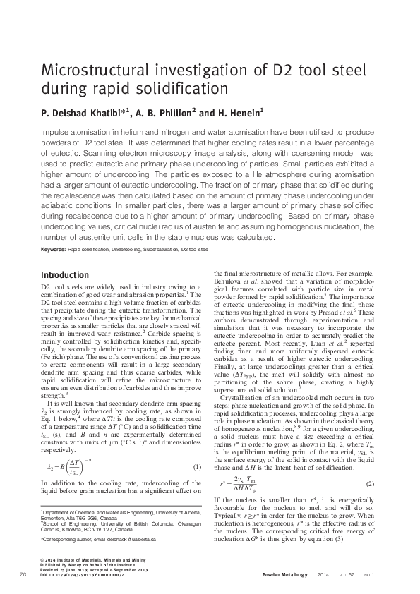 (PDF) Microstructural Investigation of D2 Tool Steel during Rapid Solidification using Impulse ...