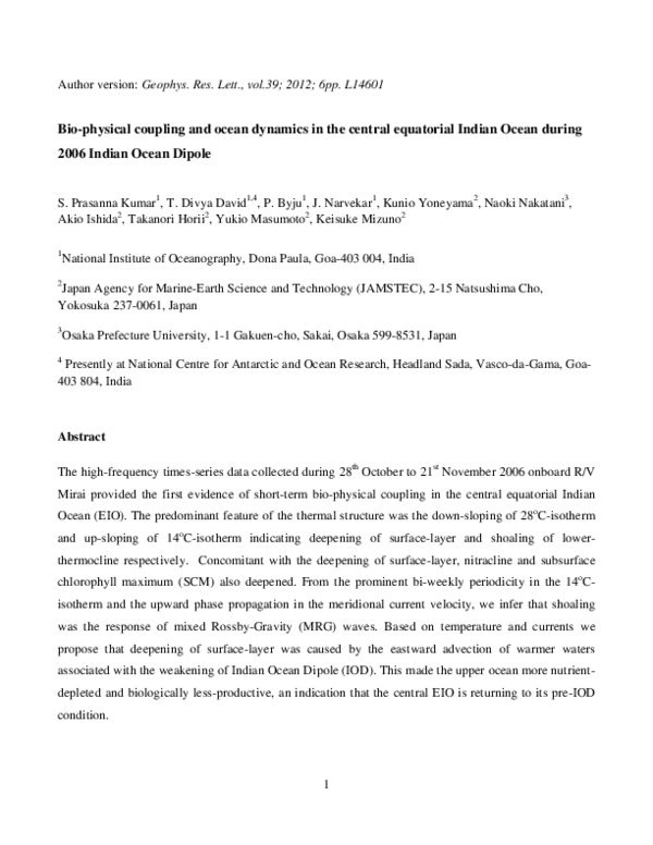 (PDF) Bio‐physical coupling and ocean dynamics in the central ...