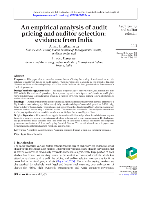 (PDF) An empirical analysis of audit pricing and auditor selection: evidence from India