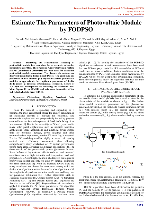 (PDF) Estimate The Parameters of Photovoltaic Module by FODPSO
