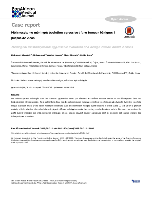 (PDF) Mélanocytome méningé: évolution agressive d’une tumeur bénigne: à propos de 2 cas