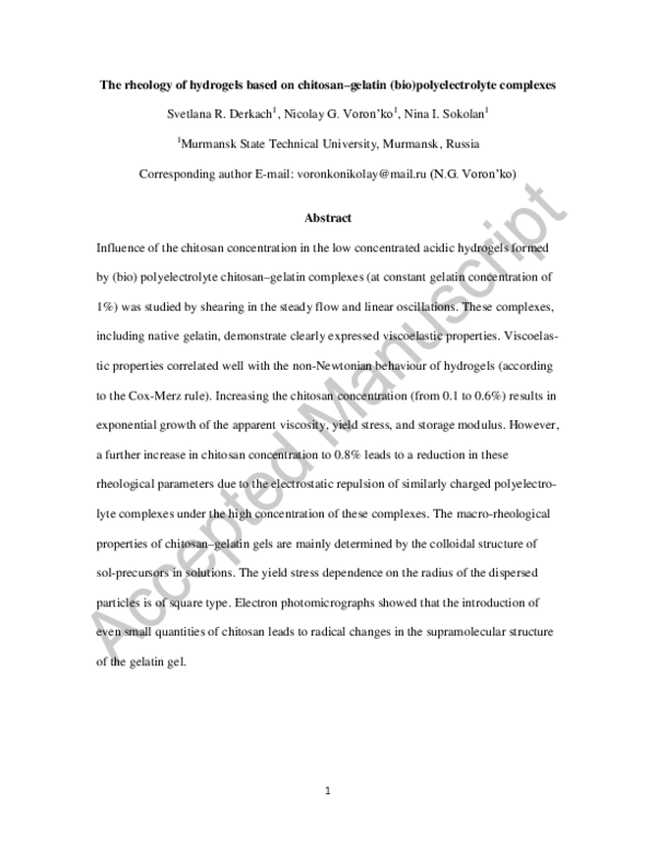 (PDF) The rheology of hydrogels based on chitosan–gelatin (bio)polyelectrolyte complexes