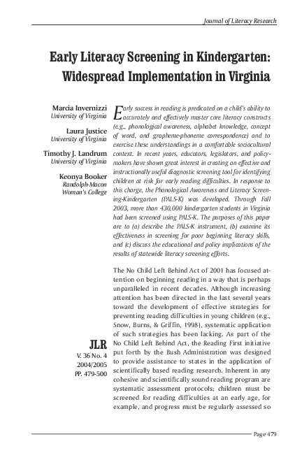 (PDF) Early Literacy Screening in Kindergarten: Widespread ...