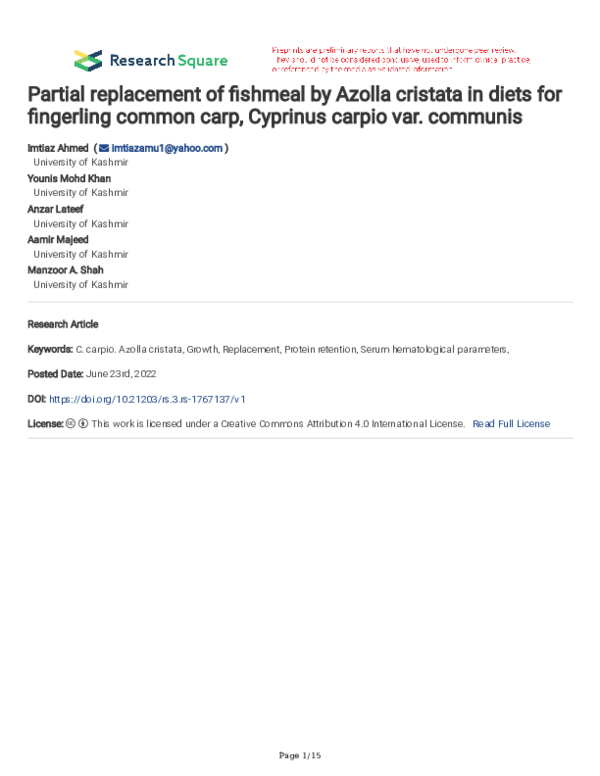 (PDF) Partial replacement of fishmeal by Azolla cristata in diets for ...