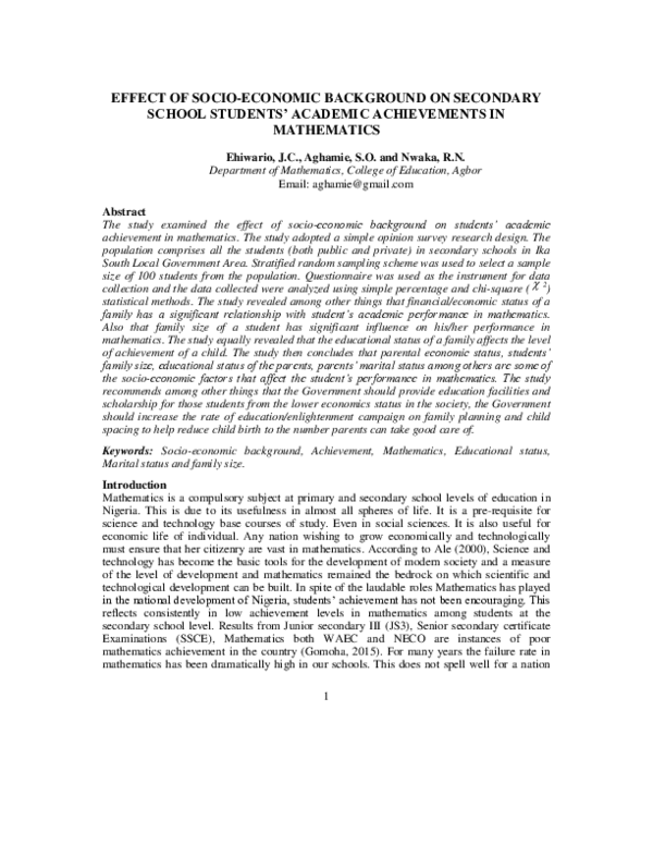(PDF) EFFECT OF SOCIO-ECONOMIC BACKGROUND ON SECONDARY SCHOOL STUDENTS ...