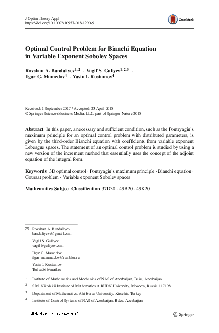 Pdf Optimal Control Problem For Bianchi Equation In Variable Exponent Sobolev Spaces
