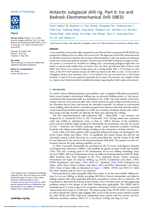 (PDF) Antarctic subglacial drilling rig: Part II. Ice and Bedrock Electromechanical Drill (IBED)