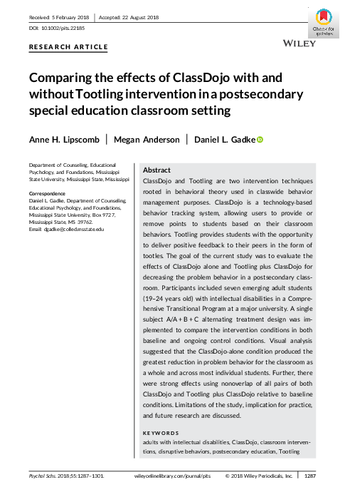 (PDF) Comparing the effects of ClassDojo with and without Tootling ...