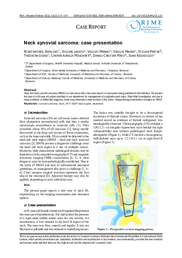 (PDF) Neck synovial sarcoma: case presentation | Stelian Pantea ...
