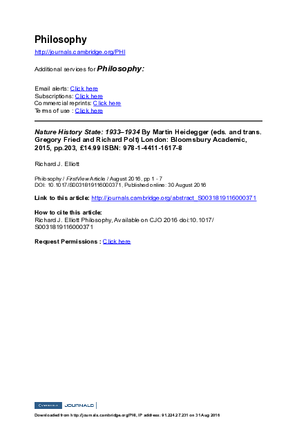 (PDF) Richard J. Elliott, review of Heidegger, Nature, History, State ...