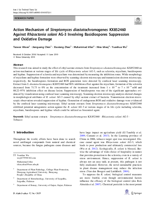 (PDF) Action Mechanism of Streptomyces diastatochromogenes KX852460 ...
