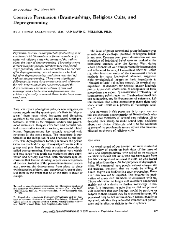 (PDF) Coercive persuasion (brainwashing), religious cults, and ...