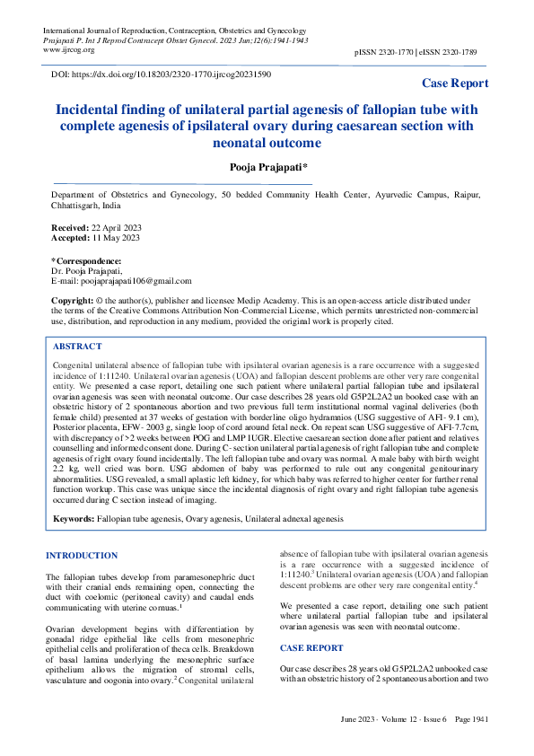 (PDF) Incidental finding of unilateral partial agenesis of fallopian ...