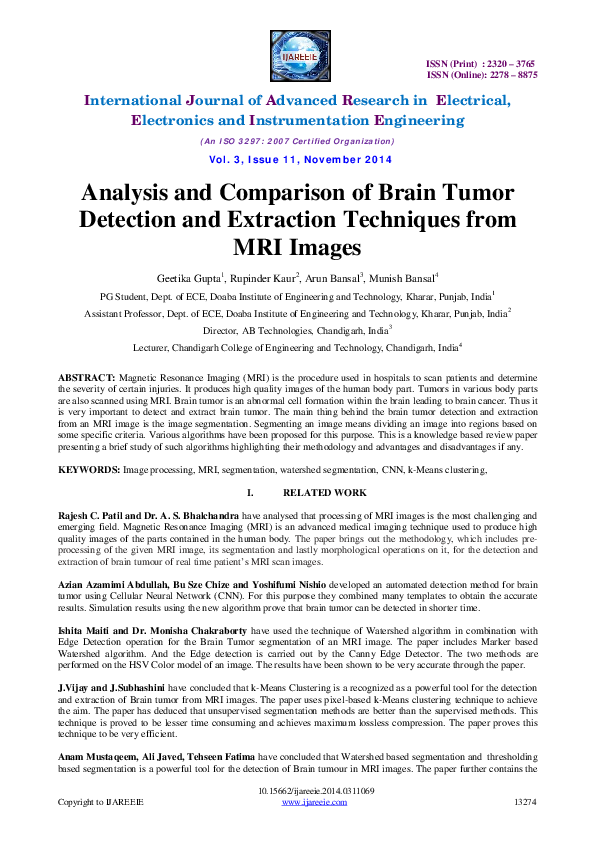 Pdf Analysis And Comparison Of Brain Tumor Detection And Extraction