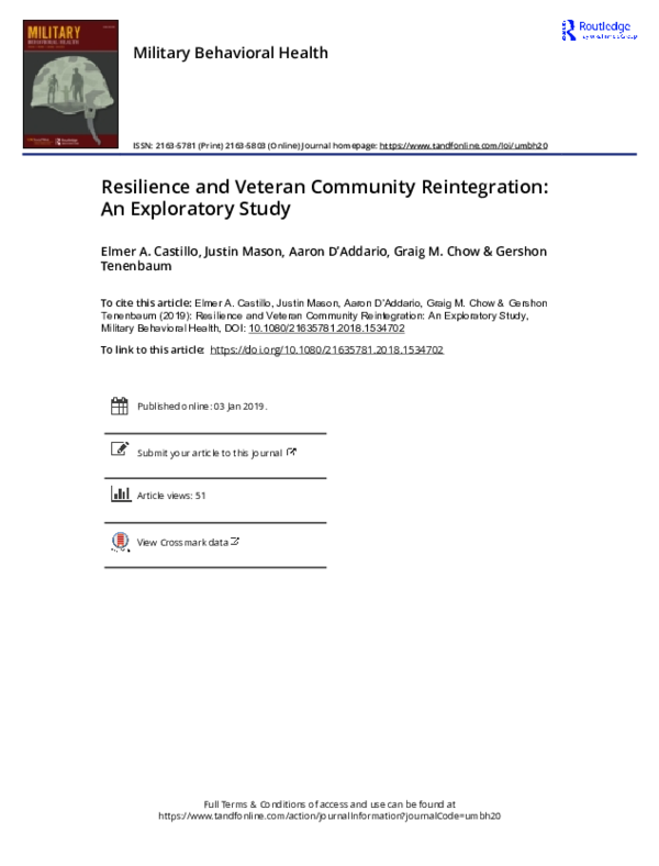 (PDF) Resilience and Veteran Community Reintegration: An Exploratory Study