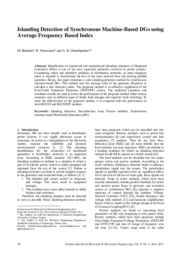(PDF) Islanding Detection of Synchronous Machine-Based DGs using Average Frequency Based Index