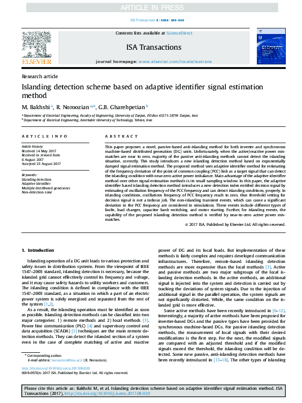 Pdf Islanding Detection Scheme Based On Adaptive Identifier Signal Estimation Method