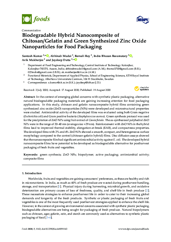 (PDF) Biodegradable Hybrid Nanocomposite of Chitosan/Gelatin and Green Synthesized Zinc Oxide ...