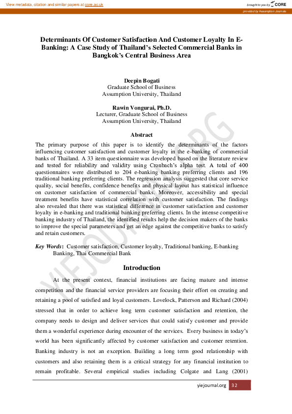 (PDF) Determinants Of Customer Satisfaction And Customer Loyalty In E-Banking: A Case Study of ...