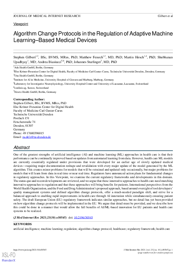 (PDF) Algorithm Change Protocols in the Regulation of Adaptive Machine Learning–Based Medical ...
