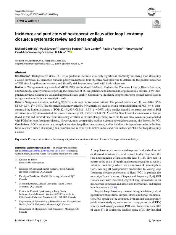 (PDF) Incidence and predictors of postoperative ileus after loop ileostomy closure: a systematic ...