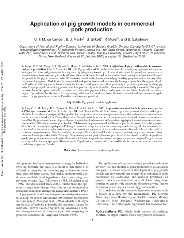 (PDF) Application of pig growth models in commercial pork production
