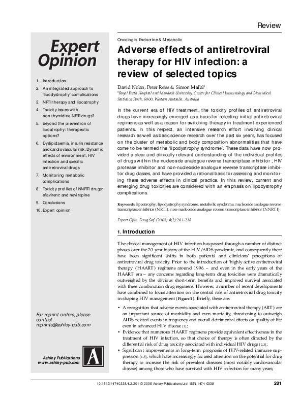 (PDF) Adverse effects of antiretroviral therapy for HIV infection: a ...