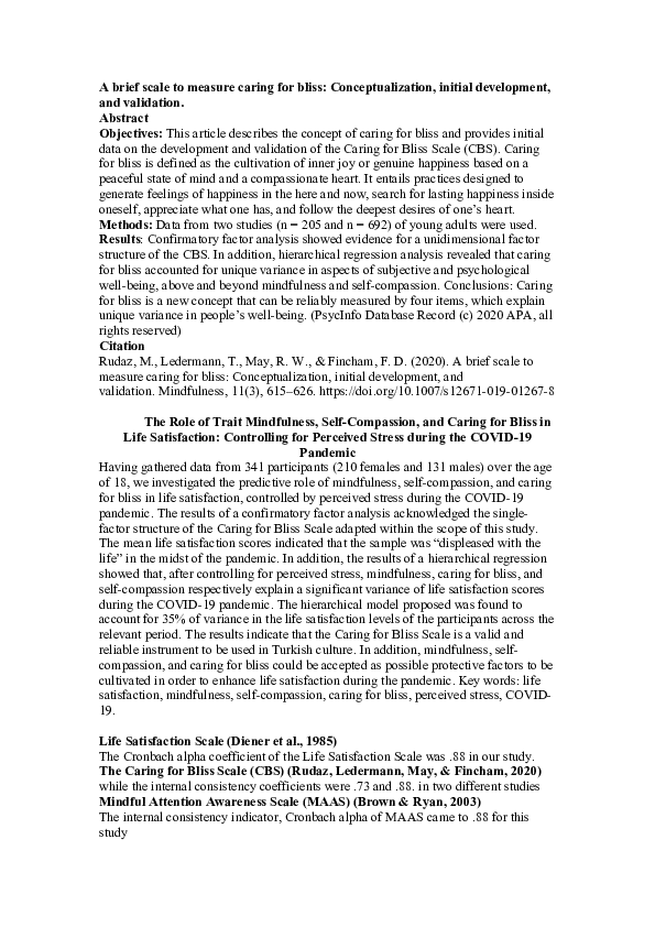 (DOC) A brief scale to measure caring for bliss