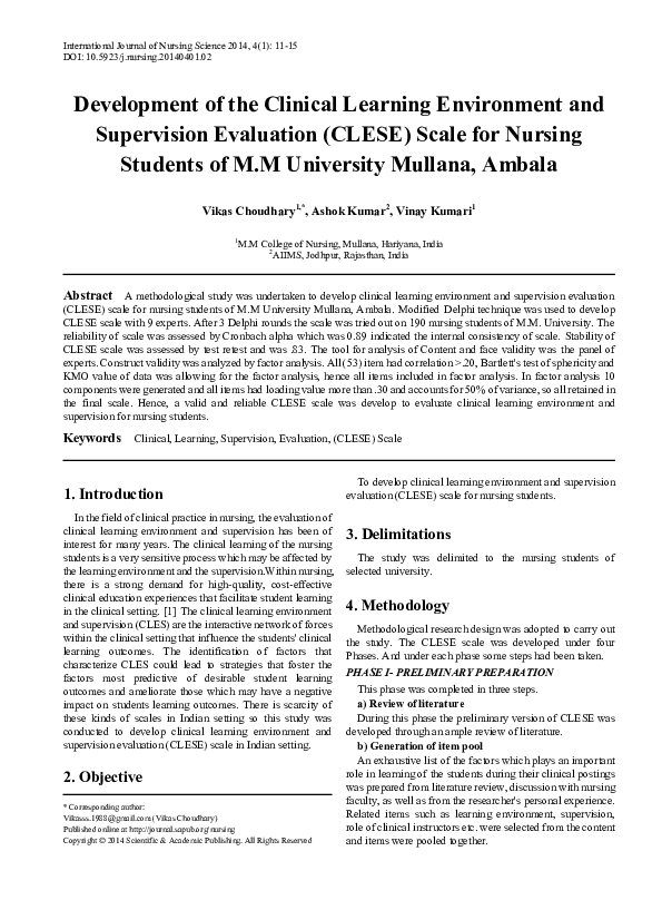 (PDF) Baccalaureate nursing students' perceptions of learning and supervision in the clinical ...