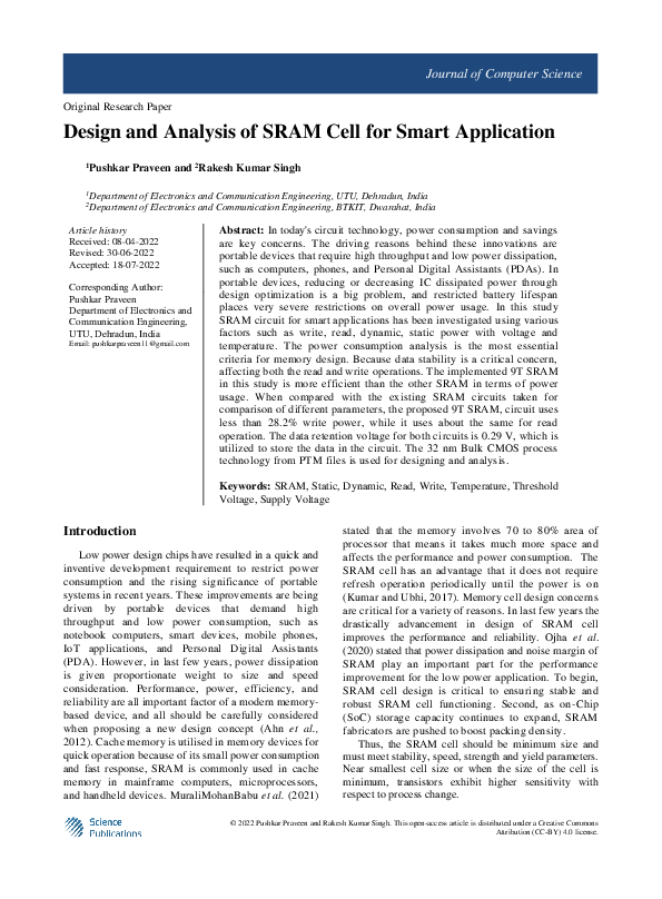 (PDF) Design and Analysis of SRAM Cell for Smart Application
