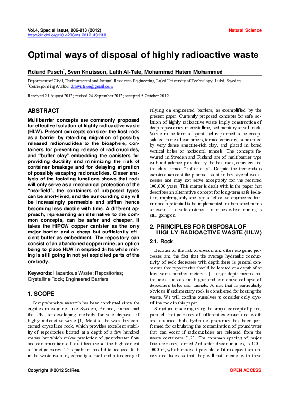 (PDF) Optimal ways of disposal of highly radioactive waste