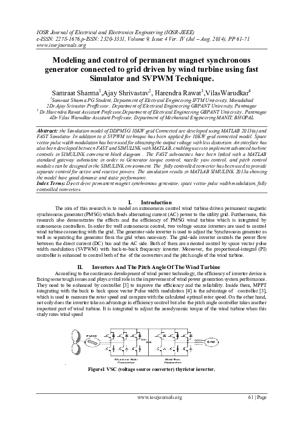 Pdf Modeling And Control Of Permanent Magnet Synchronous Generator Connected To Grid Driven By