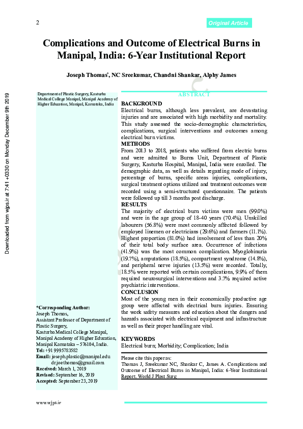 (PDF) Complications and Outcome of Electrical Burns in Manipal, India: 6-Year Institutional ...