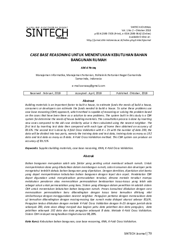 (PDF) Case Base Reasoning Untuk Menentukan Kebutuhan Bahan Bangunan Rumah