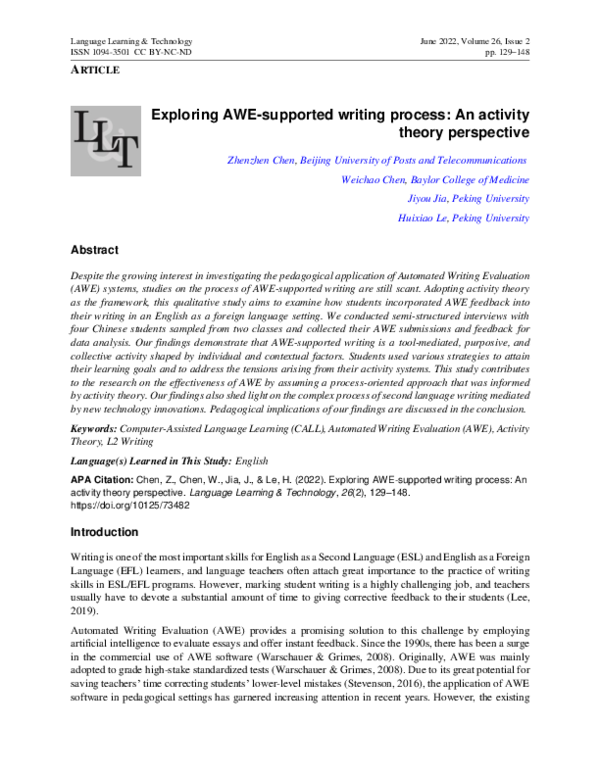 (PDF) Exploring AWE-supported writing process: An activity theory ...