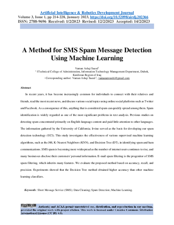 (PDF) A Method for SMS Spam Message Detection Using Machine Learning