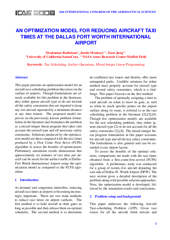 (PDF) An optimization model for reducing aircraft taxi times at the Dallas Fort Worth ...