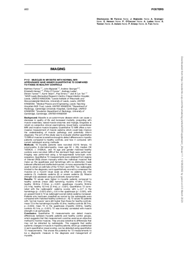(PDF) P112 Muscles in myositis with normal MRI appearance have higher quantitative T2 compared ...