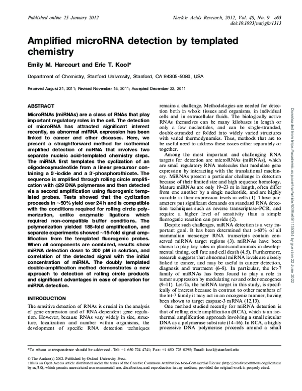 (PDF) Amplified microRNA detection by templated chemistry | Eric Kool ...