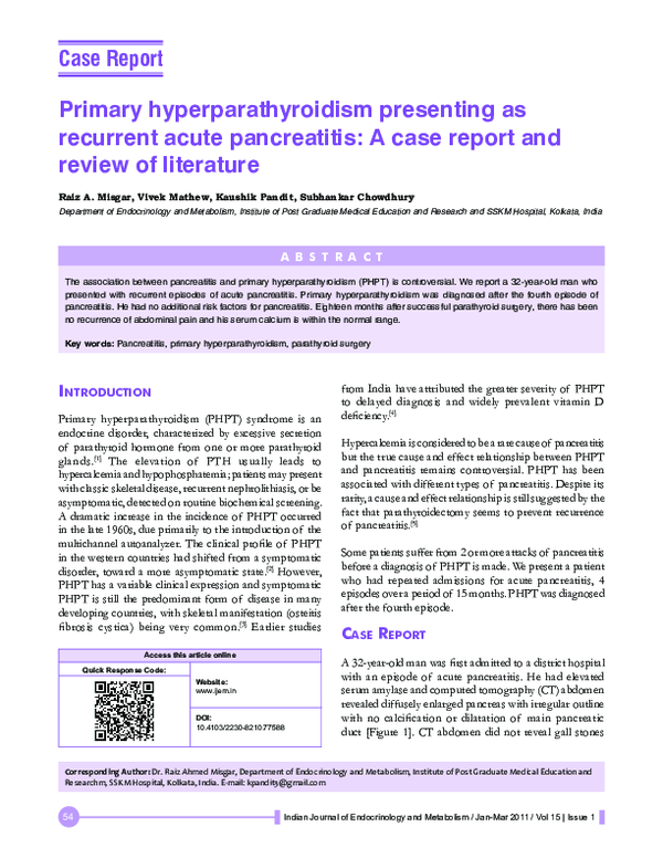 Pdf Hyperparathyroidism And Recurrent Pancreatitis