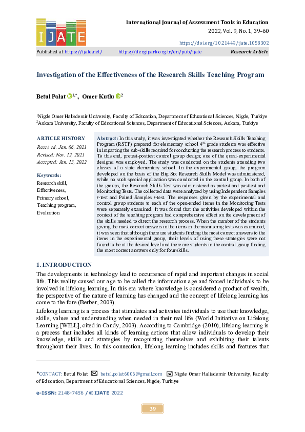 (PDF) Investigation of the Effectiveness of the Research Skills ...