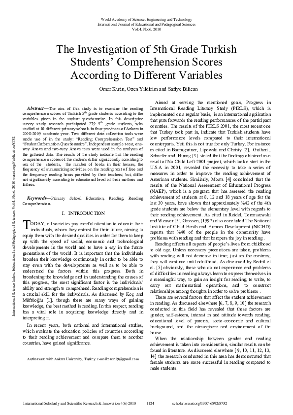 (PDF) The Investigation Of 5Th Grade Turkish Students- Comprehension ...