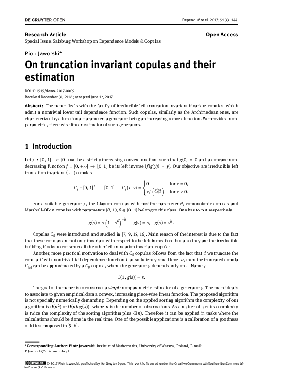 Pdf On Truncation Invariant Copulas And Their Estimation